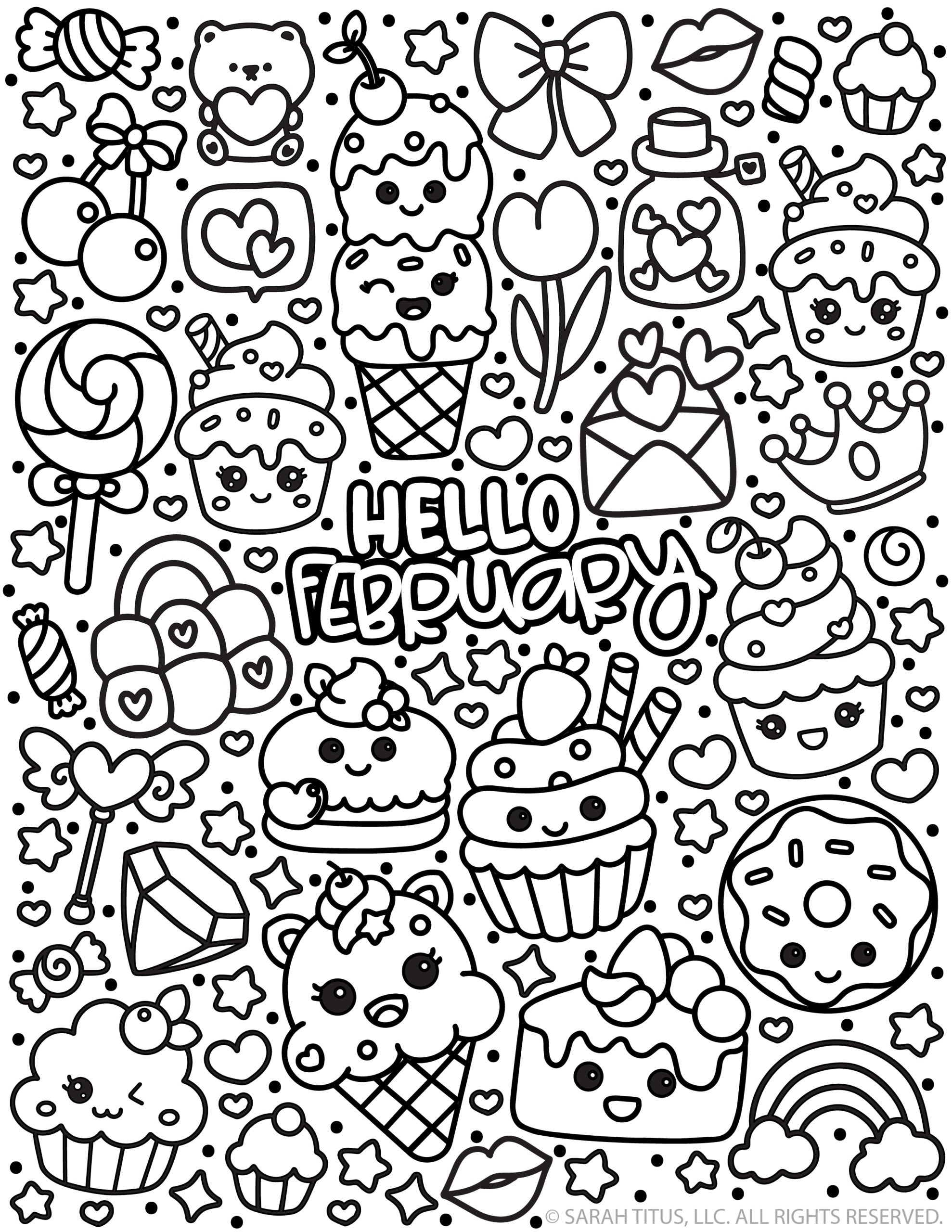 Hello February Coloring Page Free Printable Cute Sweet Treats - Sarah Titus