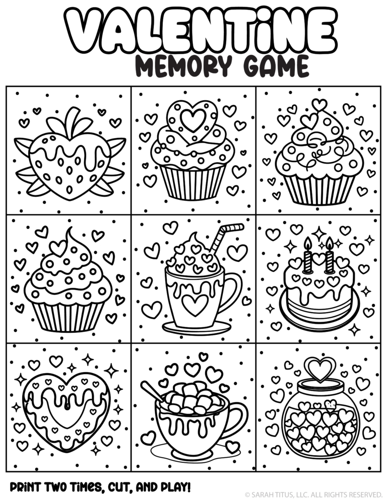 Valentine’s Day Memory Game Free Printable Cute Coloring Cards - Sarah ...