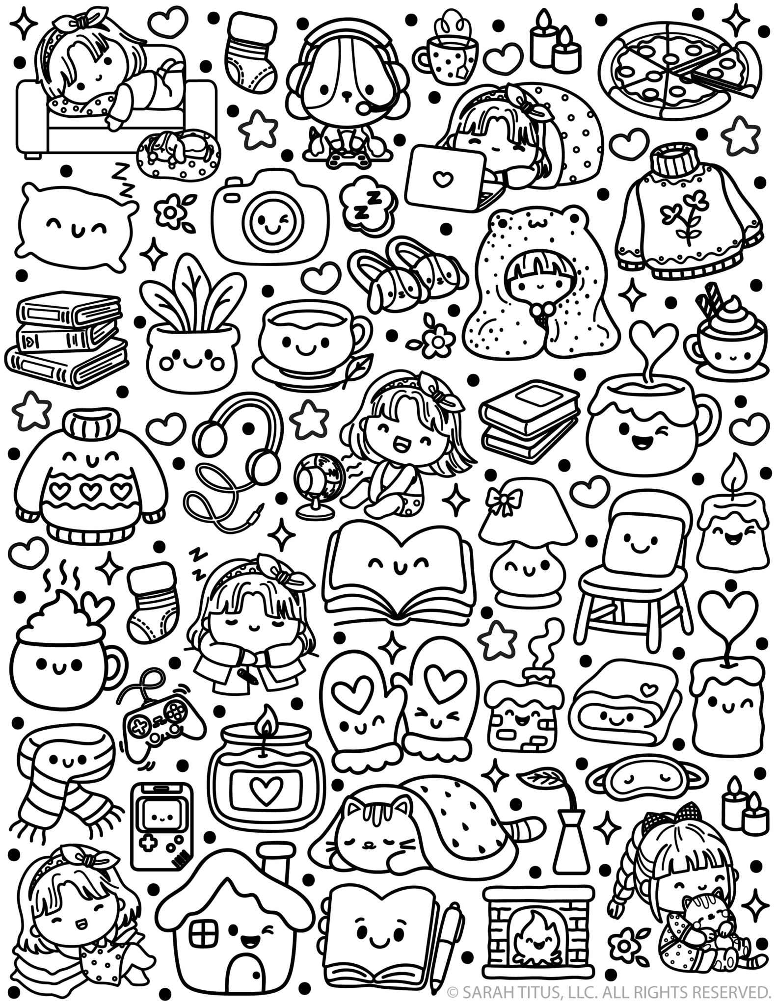 Free Printable Cozy Home Coloring Stickers (Super Cute Kawaii Self Care ...