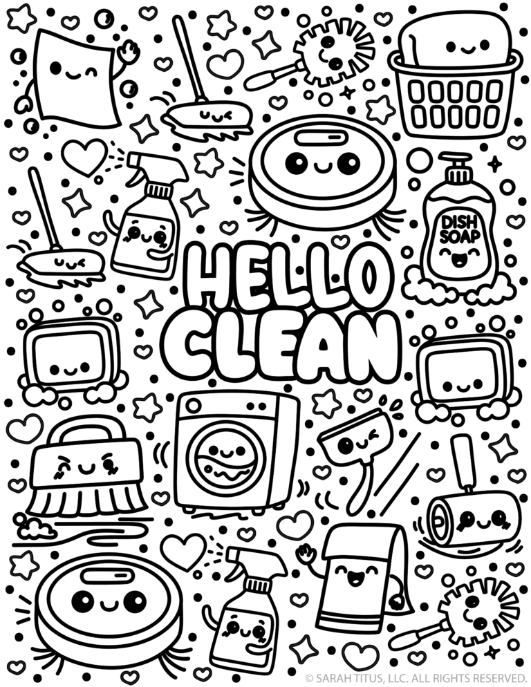 Free Printable Hello Clean Coloring Page (Cute Kawaii Cleaning Coloring ...