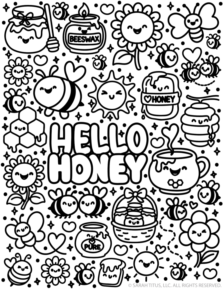 Free Printable Hello Honey Coloring Page (Cute Romantic Bee & Honey Jar ...
