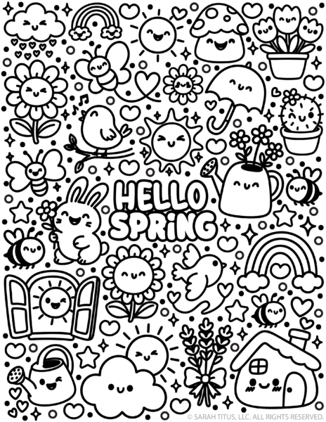 Free Printable Hello Spring Coloring Pages (Cute Kawaii Flowers, Bees ...