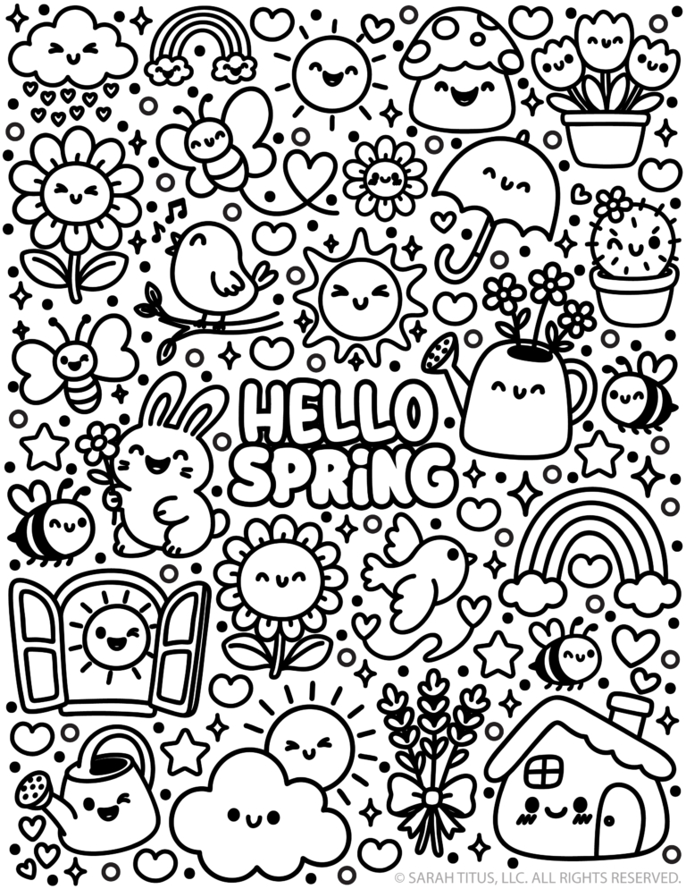 Free Printable Hello Spring Coloring Pages (Cute Kawaii Flowers, Bees ...