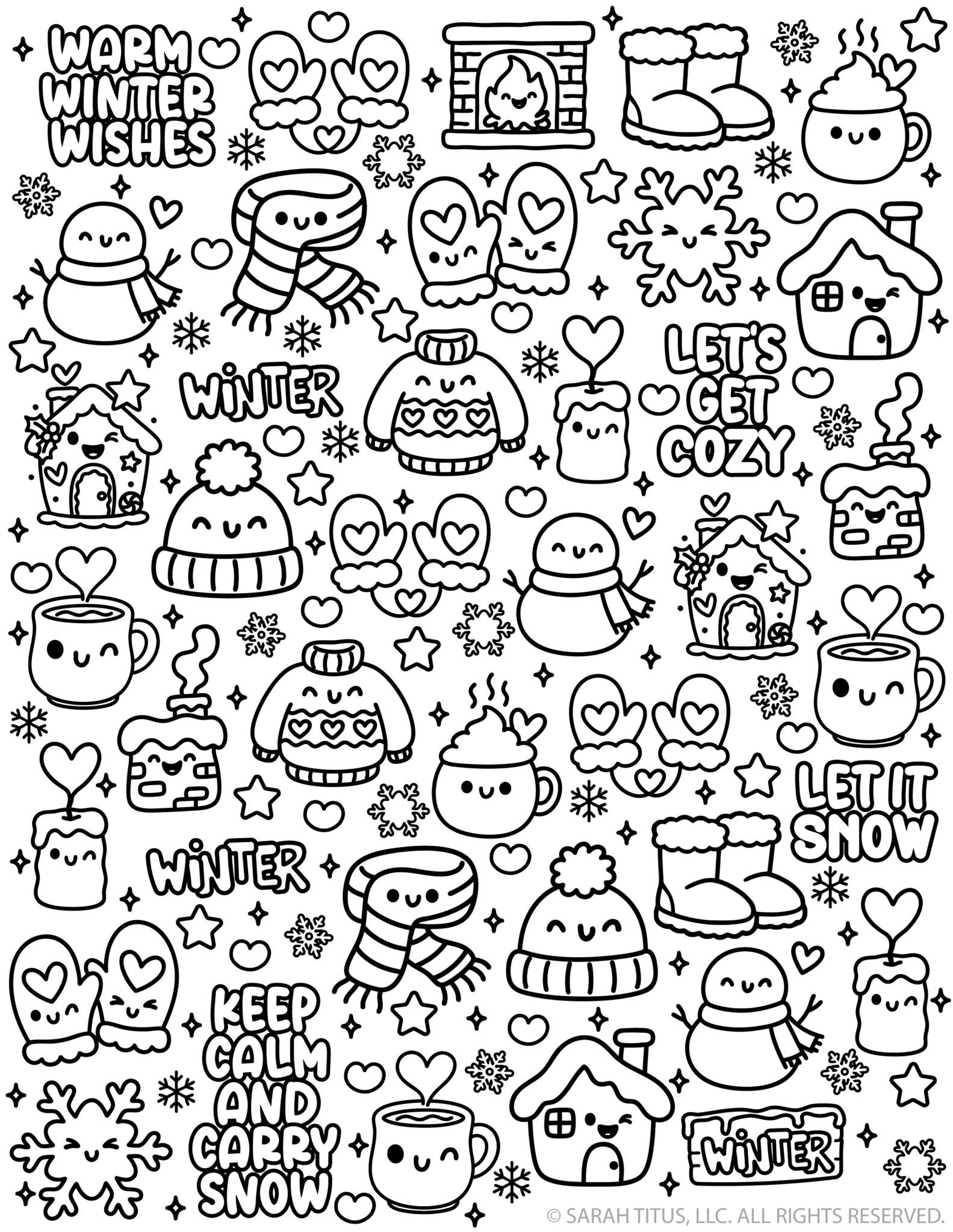 Winter Coloring Stickers Free Printable (Cute Kawaii Cozy Phrases ...