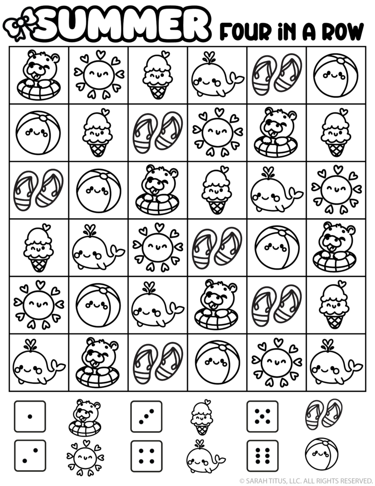Free Printable Summer Four in a Row Game (Cute Roll & Color Beach ...