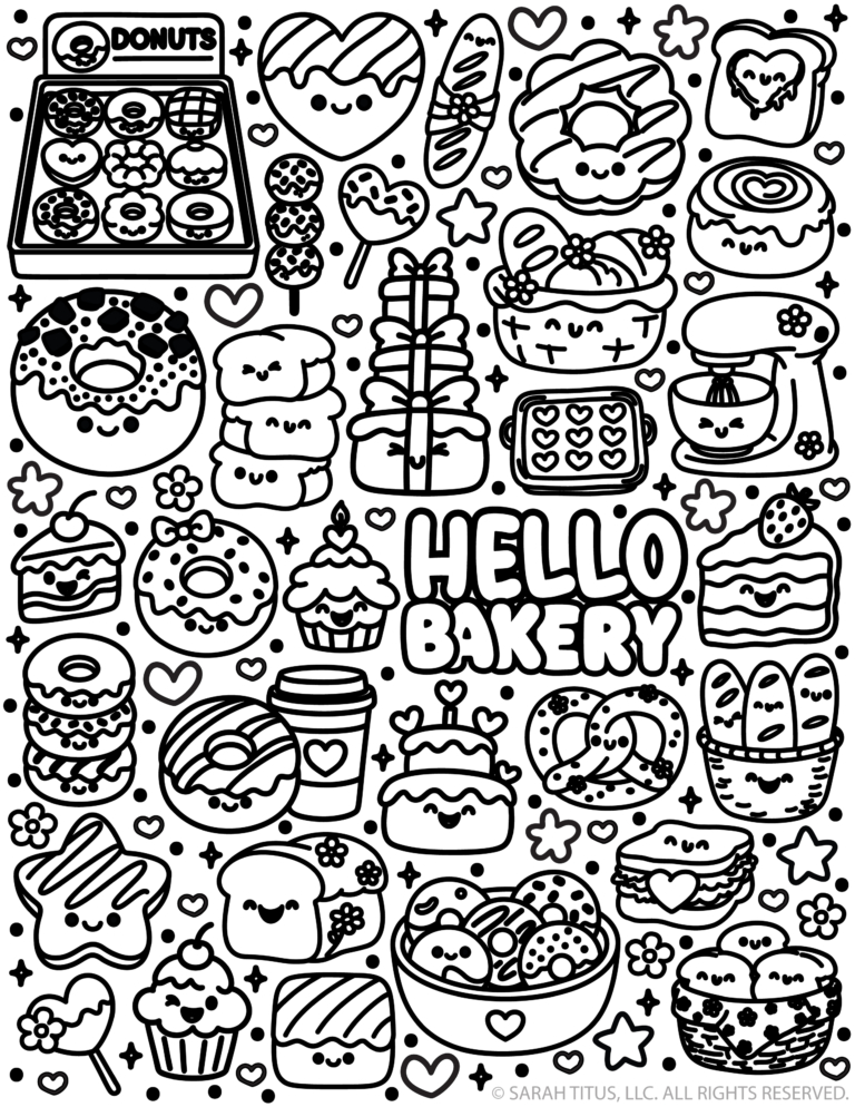 Hello Bakery Coloring Page (Cute Kawaii Dessert Printable) - Sarah Titus