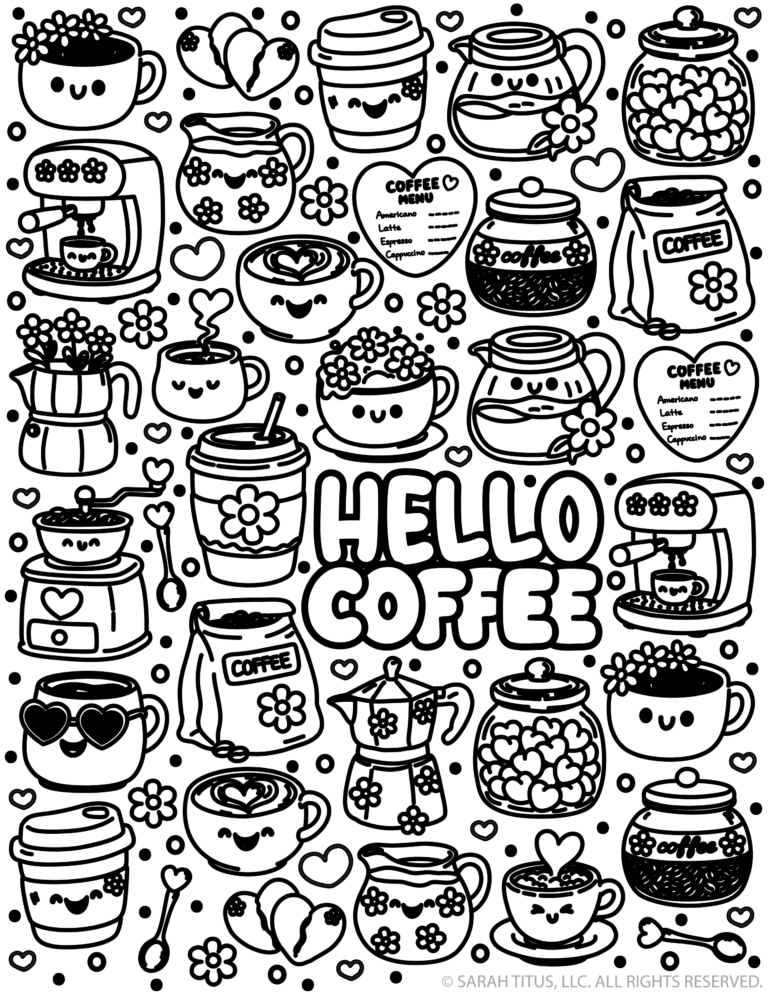 Hello Coffee Coloring Page (Cute Kawaii Cafe Printable) - Sarah Titus