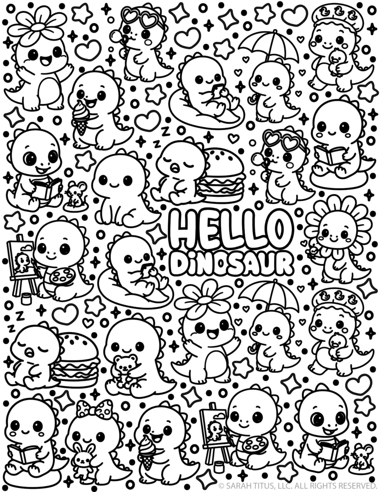 Hello Dinosaur Coloring Page (Cute Kawaii Prehistoric Printable ...
